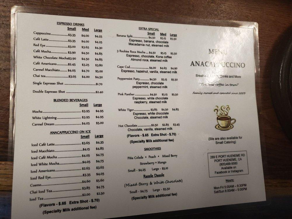 Menu at Anacappuccino cafe, Port Hueneme
