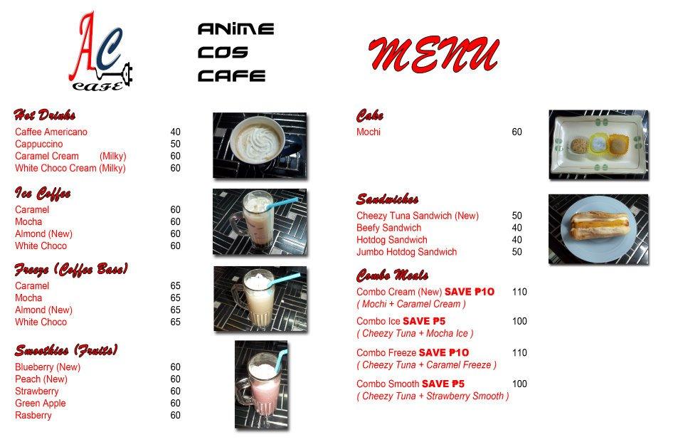 Menu at Anime Cos Cafe, Manila