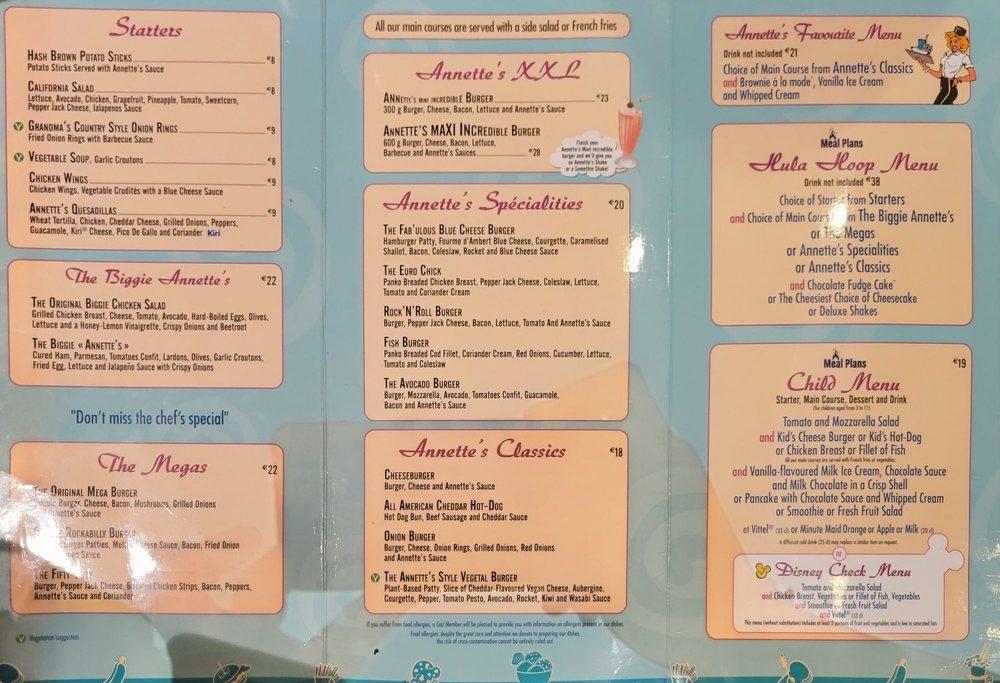 Menu at Annette's Diner restaurant, Chessy