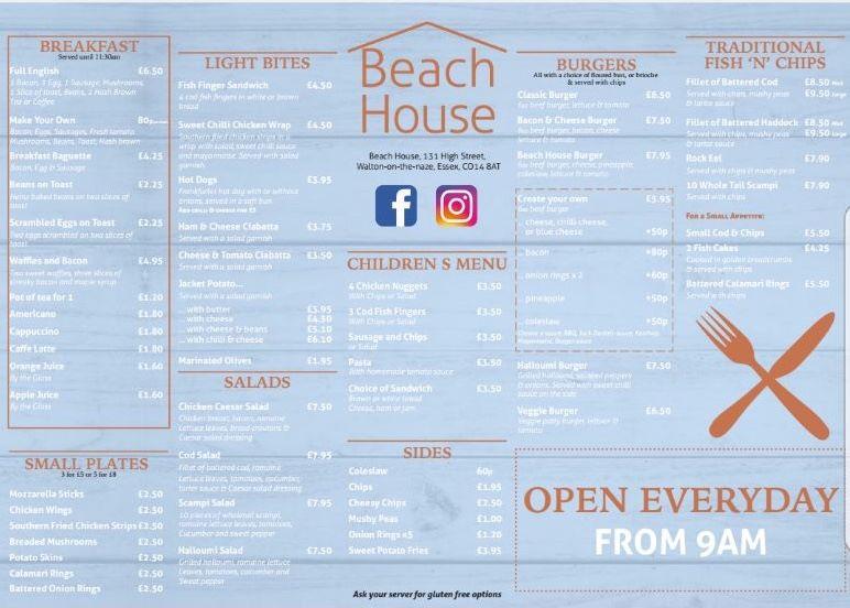 Menu at Beach House Bar & Grill, Walton on the Naze
