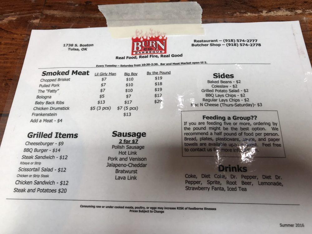 Menu at BurnCo Barbeque, Tulsa