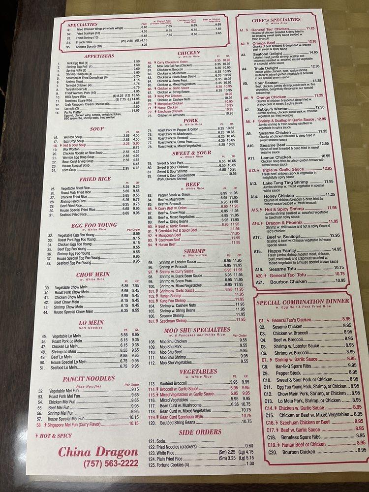 Menu at China Dragon restaurant, Virginia Beach