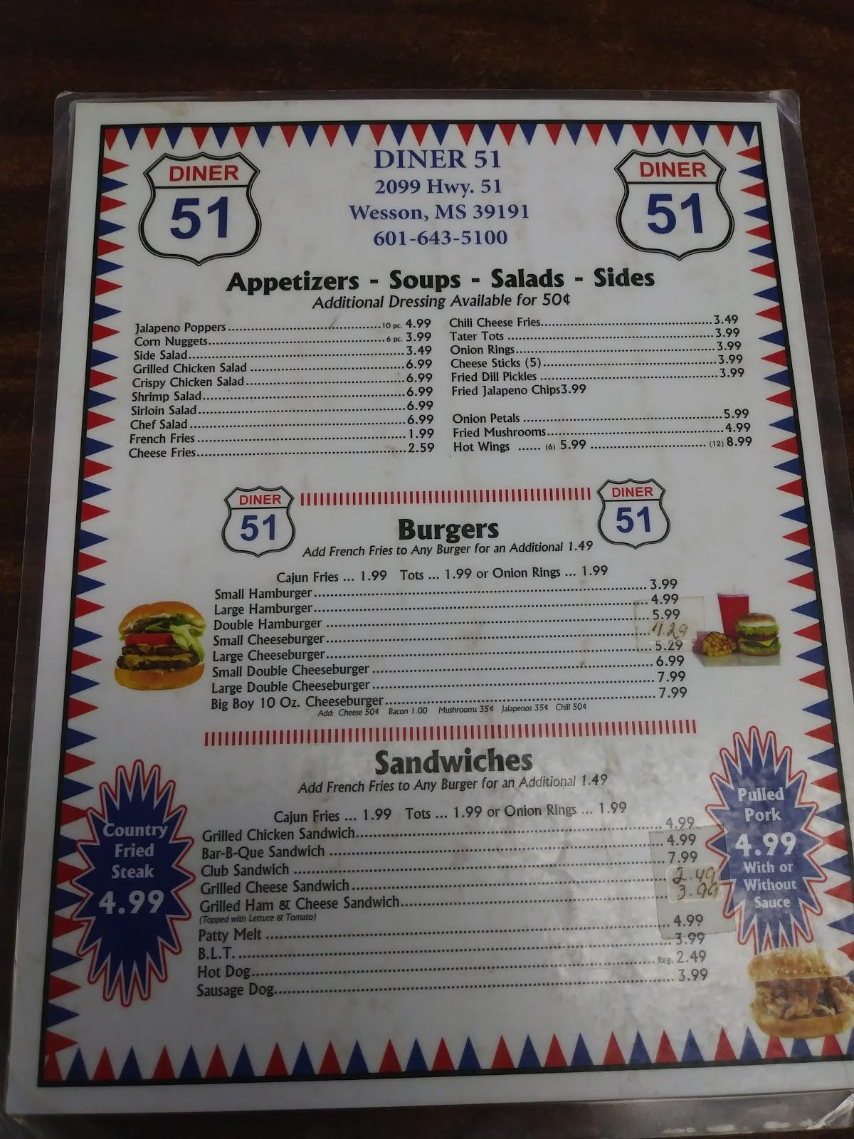 Menu at Fifty One Diner restaurant, Wesson