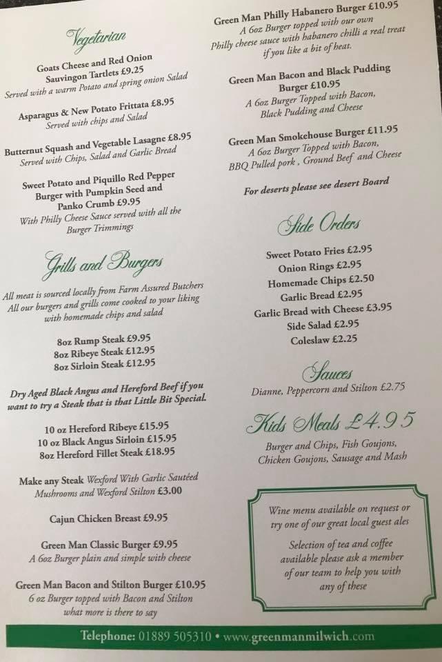 Menu at The Green Man pub & bar, Milwich