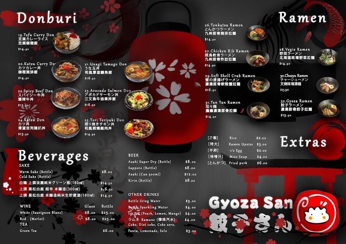 Menu at Gyoza San restaurant, Carlton