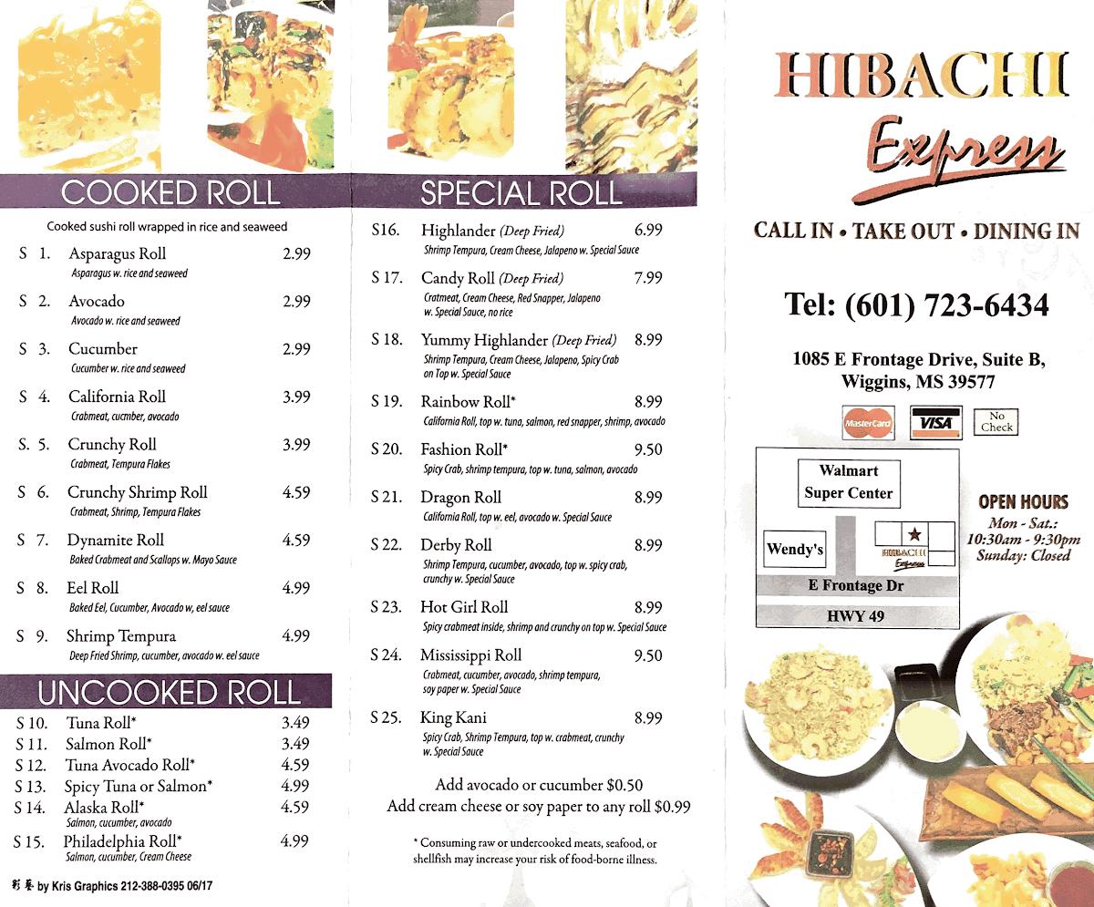 Menu at Hibachi Express restaurant, Wiggins, E Frontage Dr