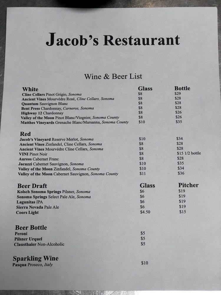 Menu at Jacob’s Restaurant, Sonoma