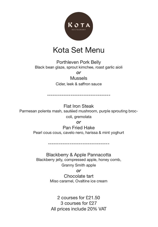 Menu at Kota Restaurant, Porthleven