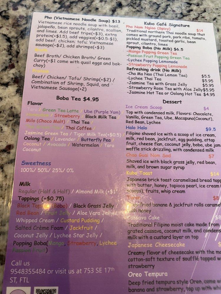 Menu at Kubo Cafe, Fort Lauderdale