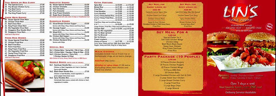 Menu at Lin's Takeaway - Armagh restaurant, Armagh