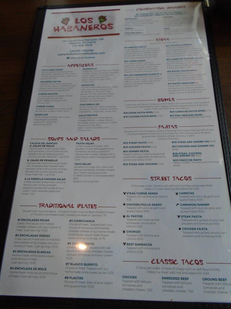 Menu at Los Habaneros Mexican Restaurant, Hudson