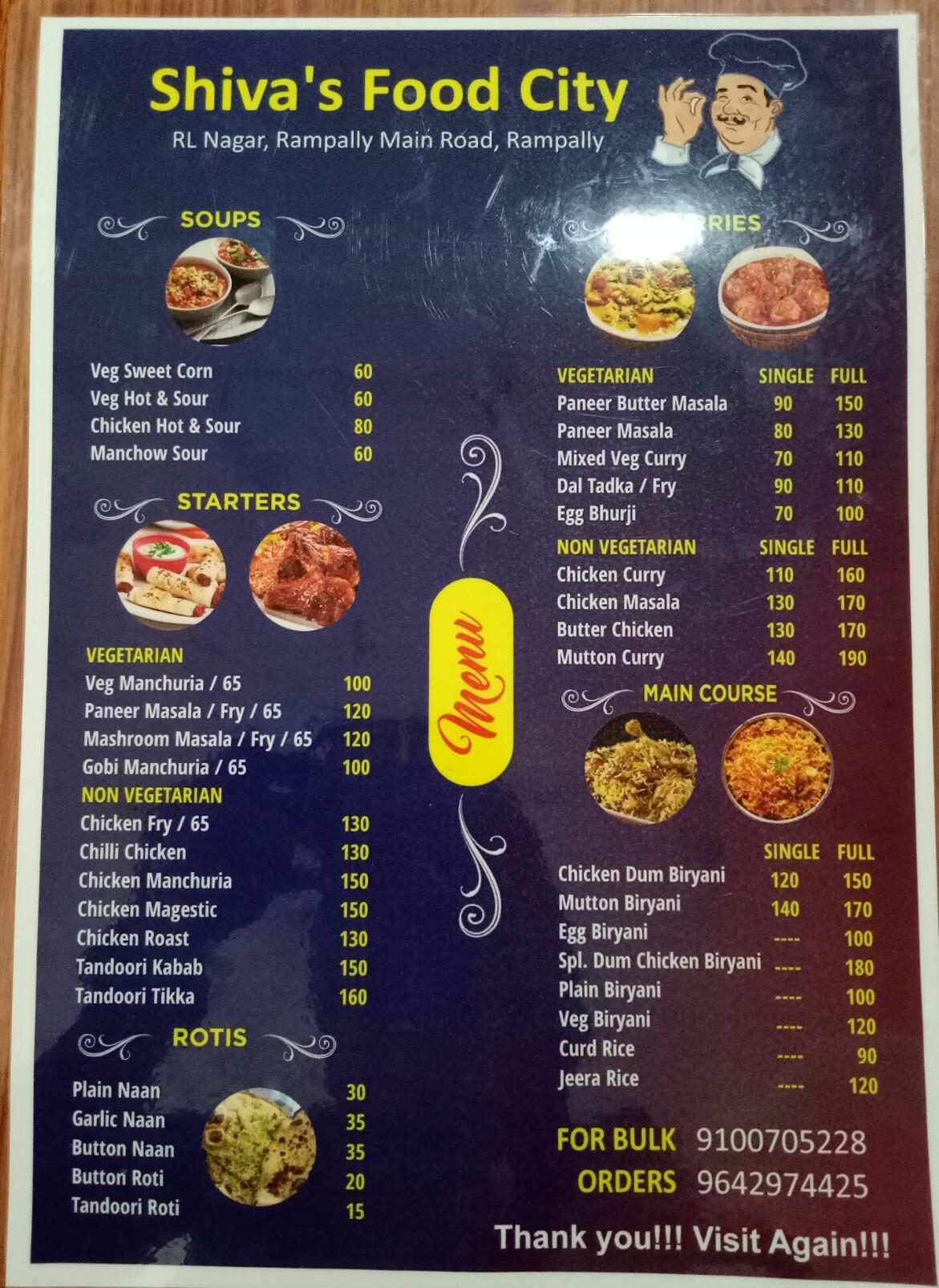 Menu at Shiva's Food City, Secunderabad