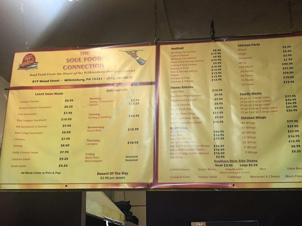 Menu at Soul Food Connection restaurant, Pittsburgh