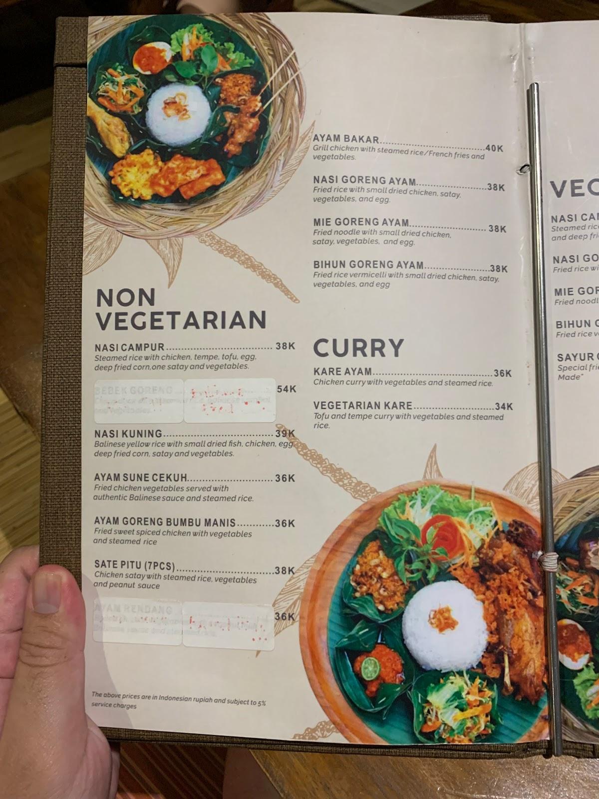 Menu at Sun Sun Warung restaurant, Ubud