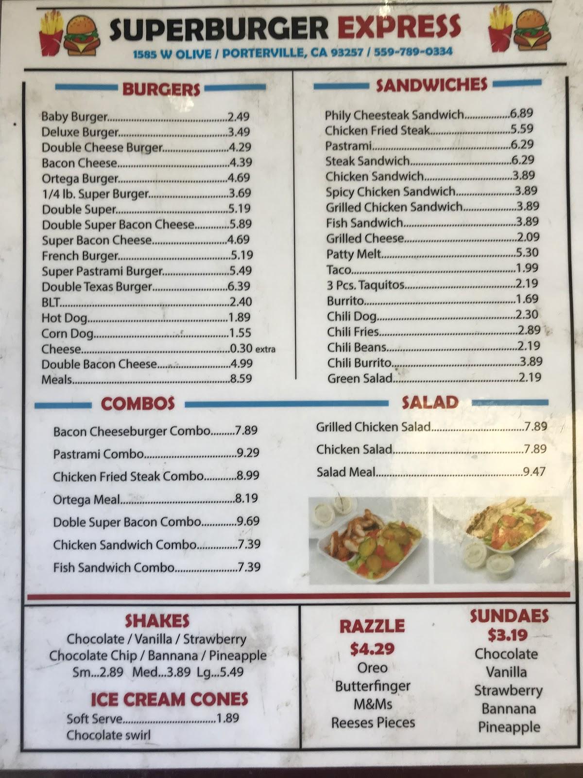 Menu at Super Burger Express restaurant, Porterville, 375 W Olive Ave