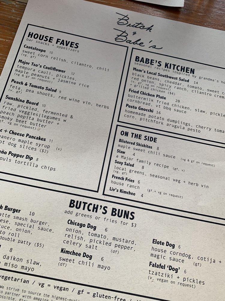 Menu at Butch + Babe's pub & bar, Burlington