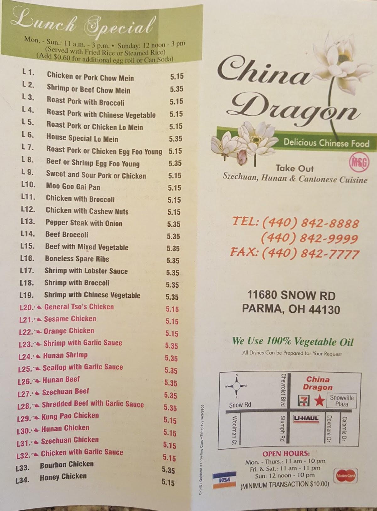 Menu at China Dragon restaurant, Parma