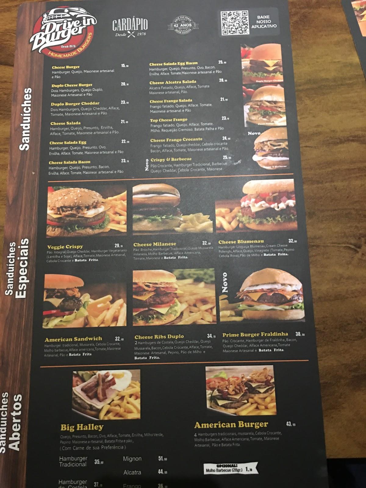 Menu at Drive in Burger restaurant, Curitiba