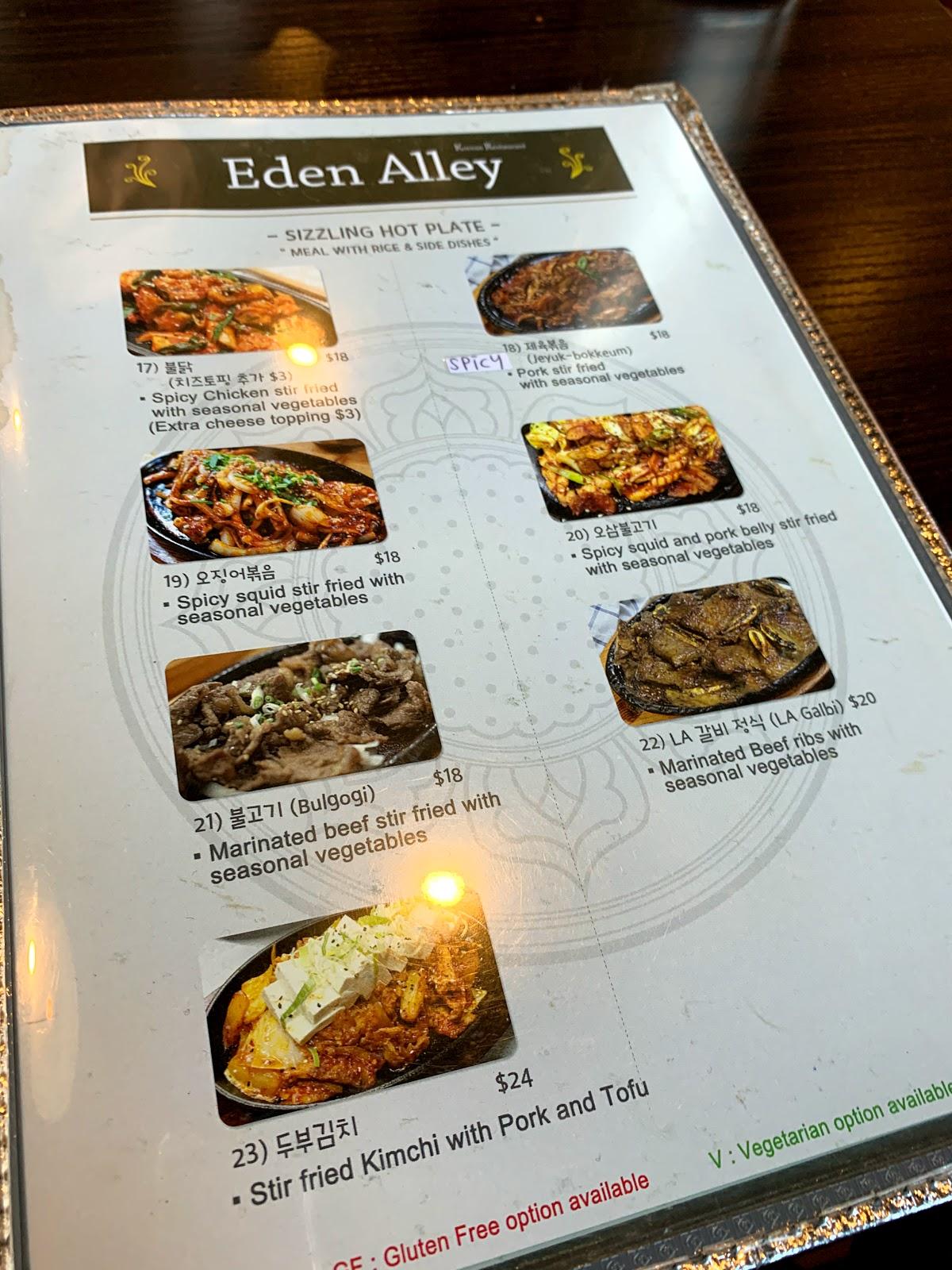 Menu at Eden Alley Korean Restaurant and Karaoke, Christchurch