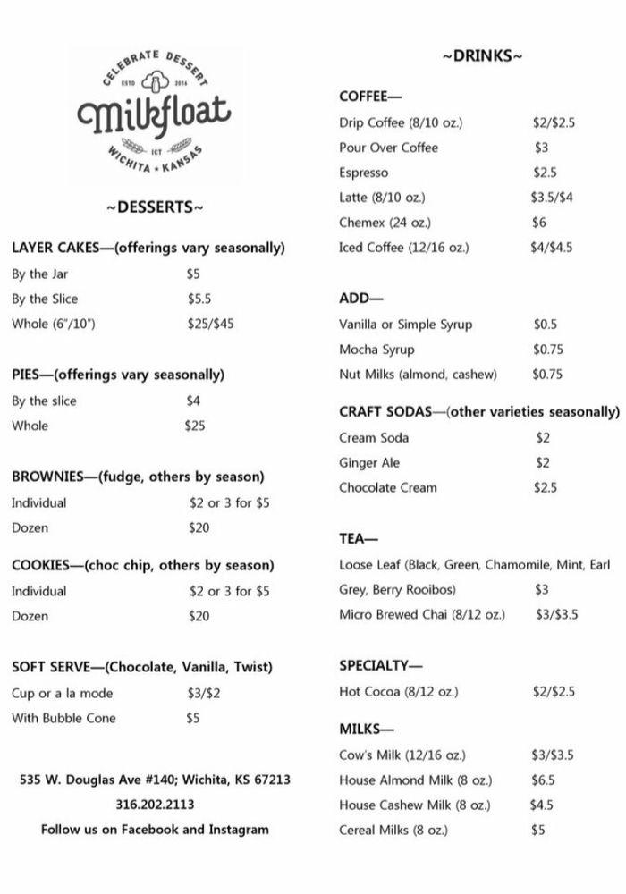 Menu at Milkfloat desserts, Wichita