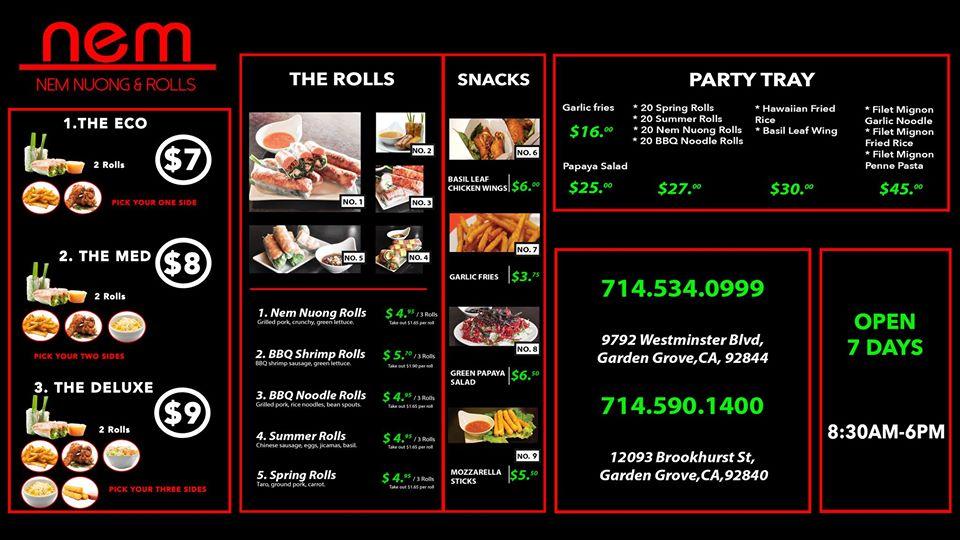 Menu at NEM restaurant, Garden Grove, Westminster Blvd.
