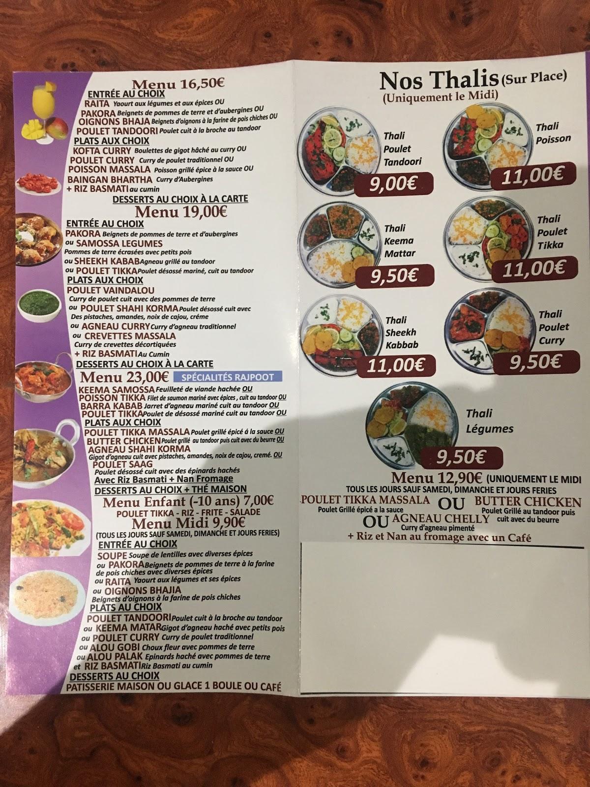 Menu at Rajpoot restaurant, Nanterre