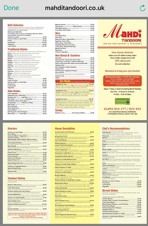 Menu at Mahdi Tandoori fast food, Pembury
