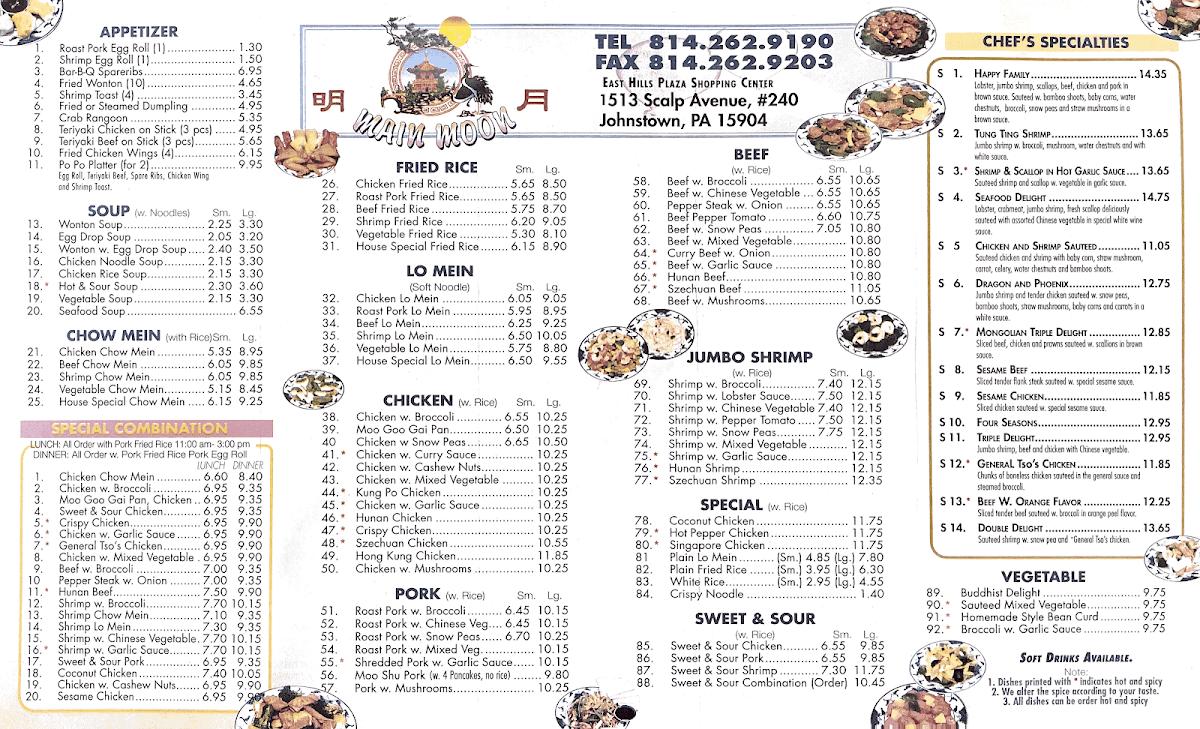 Menu at Main Moon restaurant, Johnstown, Scalp Ave # 240