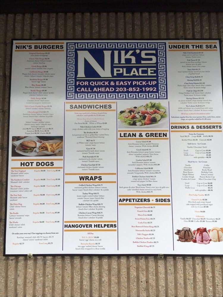 Menu at Nik's Place restaurant, Norwalk