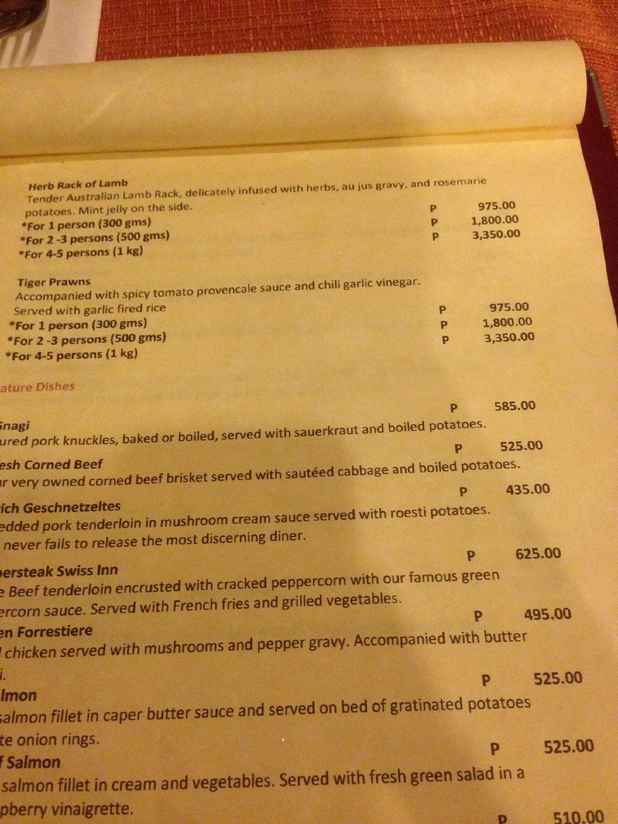 Menu at Old Swiss Inn Restaurant, Makati, Ground Level