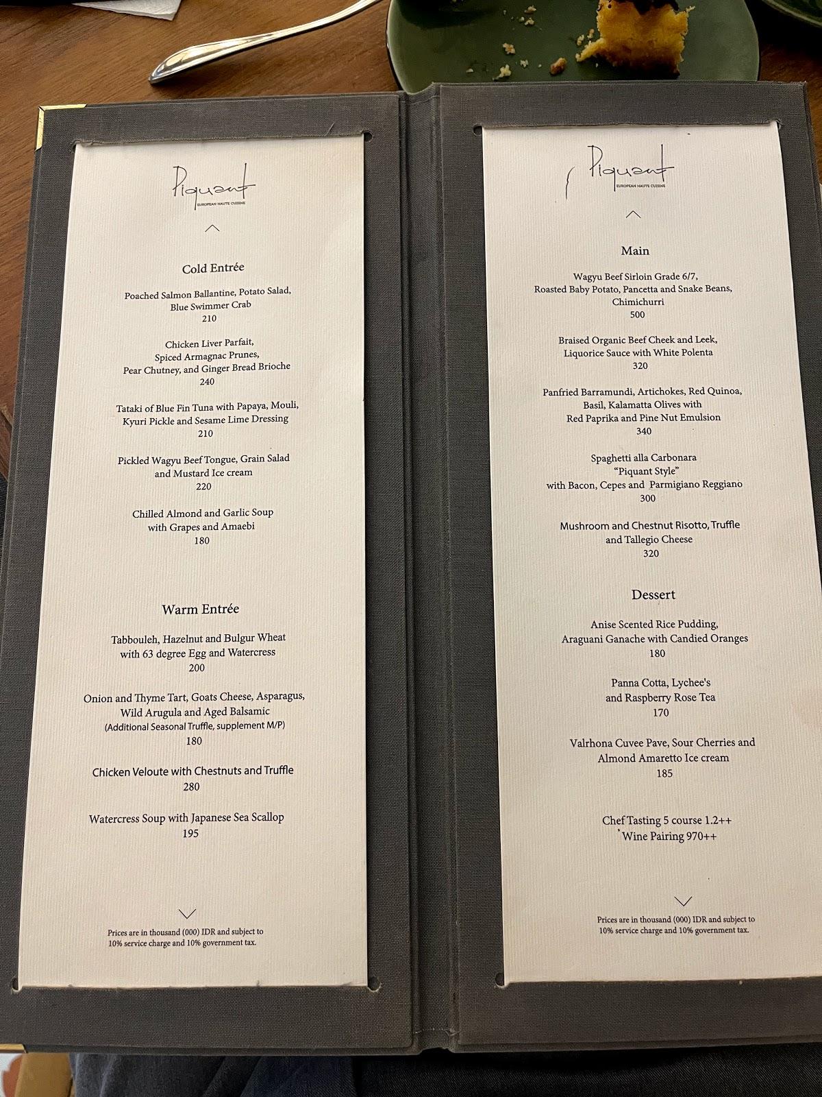 Menu at Piquant Restaurant Jakarta, Jakarta