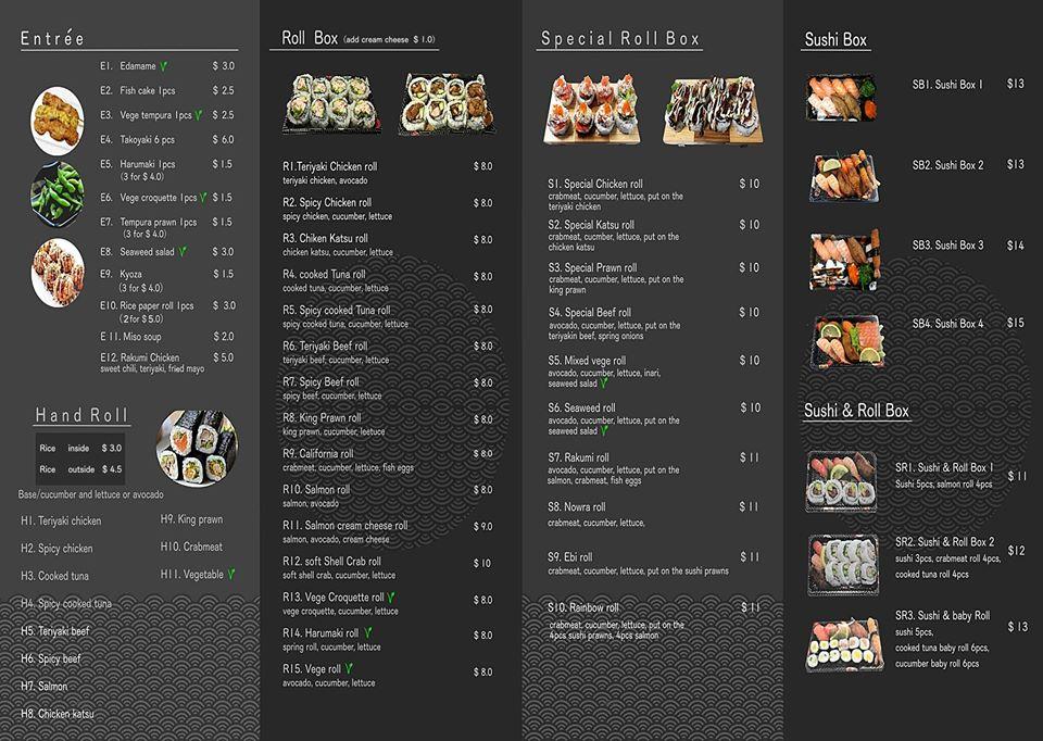 Menu at Rakumi Sushi restaurant, Nowra