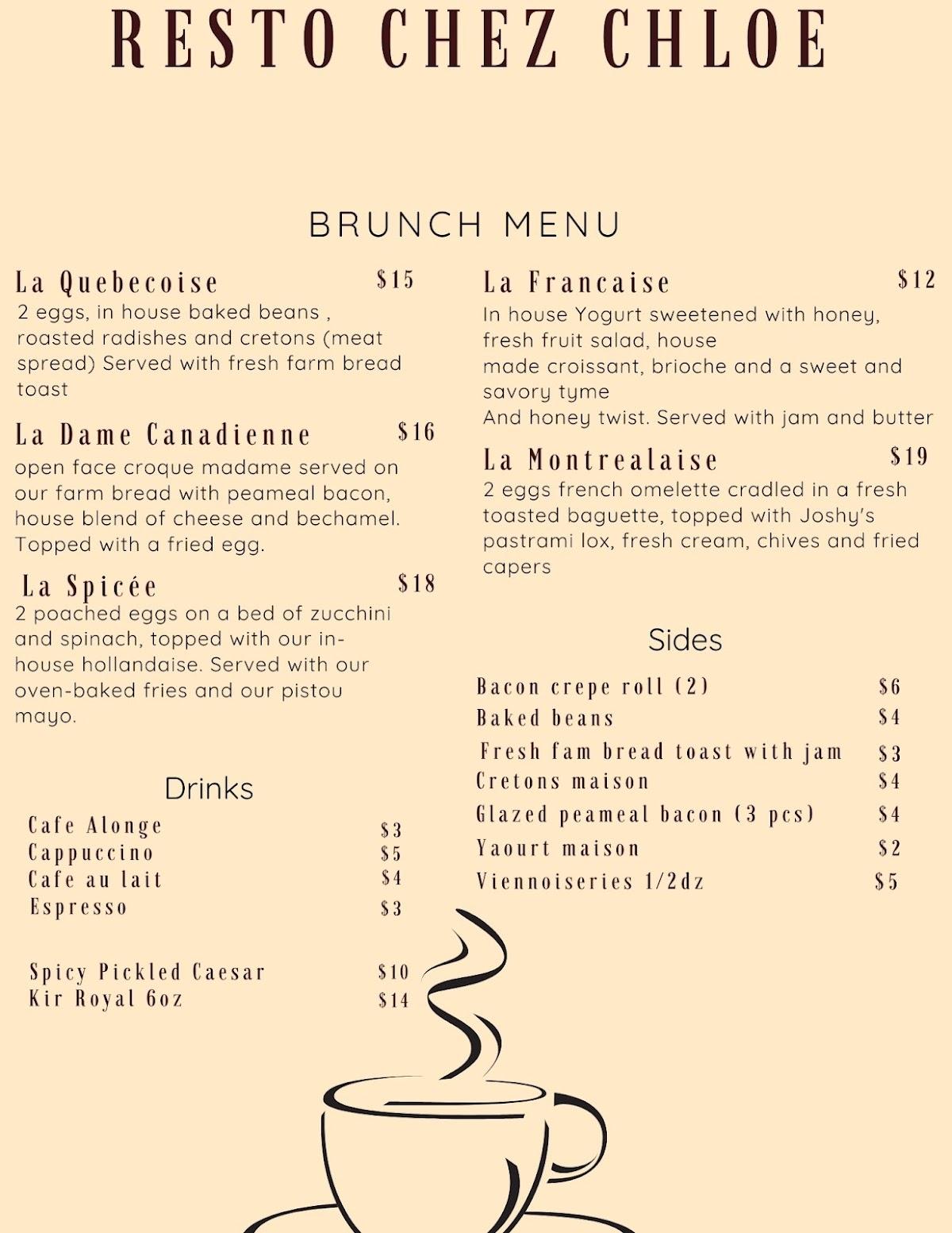 Menu at Resto Chez Chloe restaurant, Hamilton