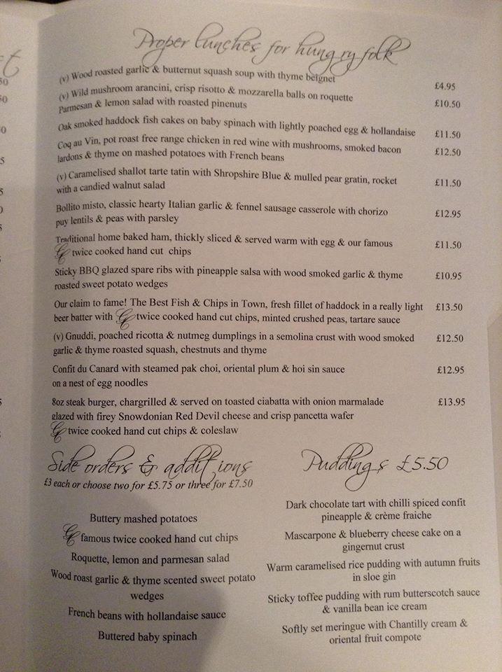Carta del pub y bar The Golden Cross, Shrewsbury