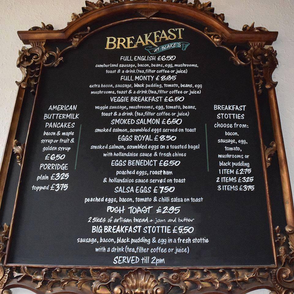 Menu at Blakes cafe, Newcastle upon Tyne