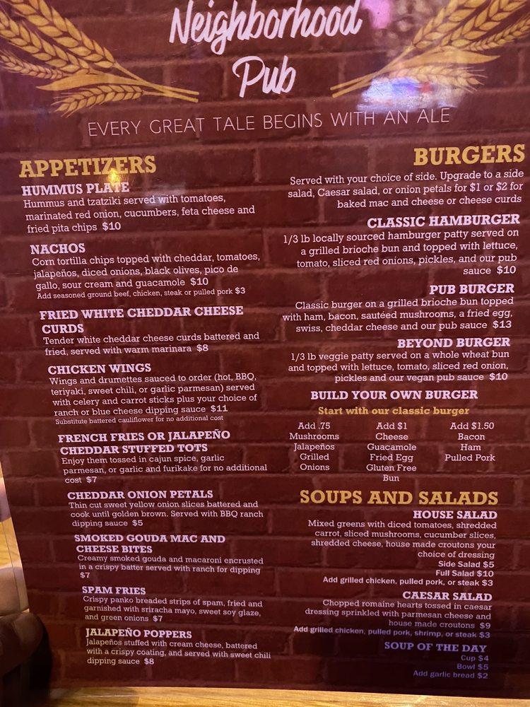Menu at Friendly Neighborhood Pub, Eugene