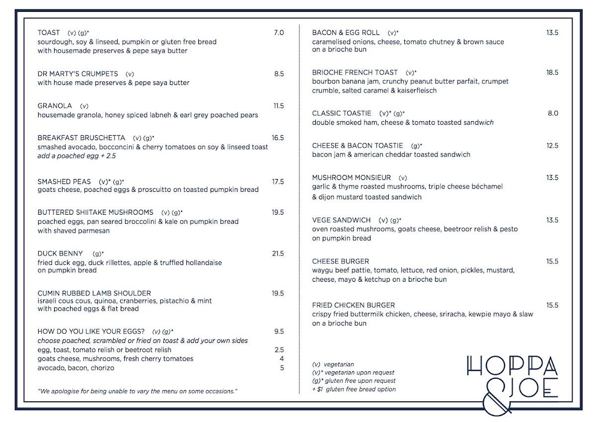 Menu at Hoppa & Joe cafe, Fairfield