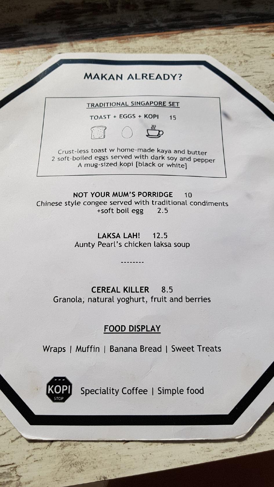 Menu at KOPI Stop cafe, Darwin City