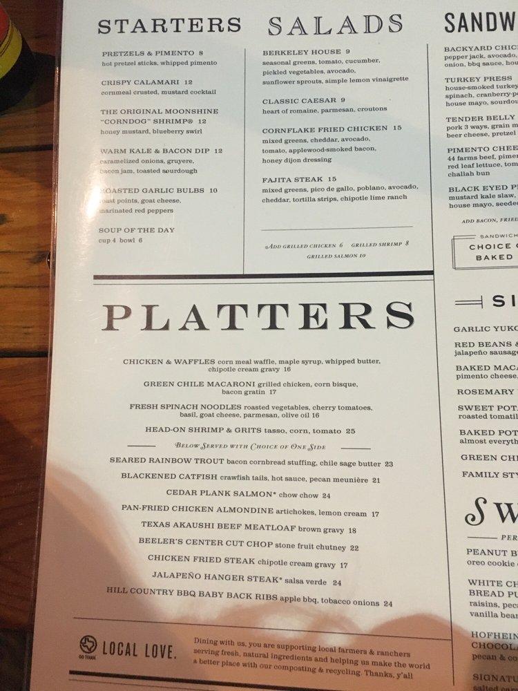 Menu at Moonshine Grill pub & bar, Austin, 303 Red River St
