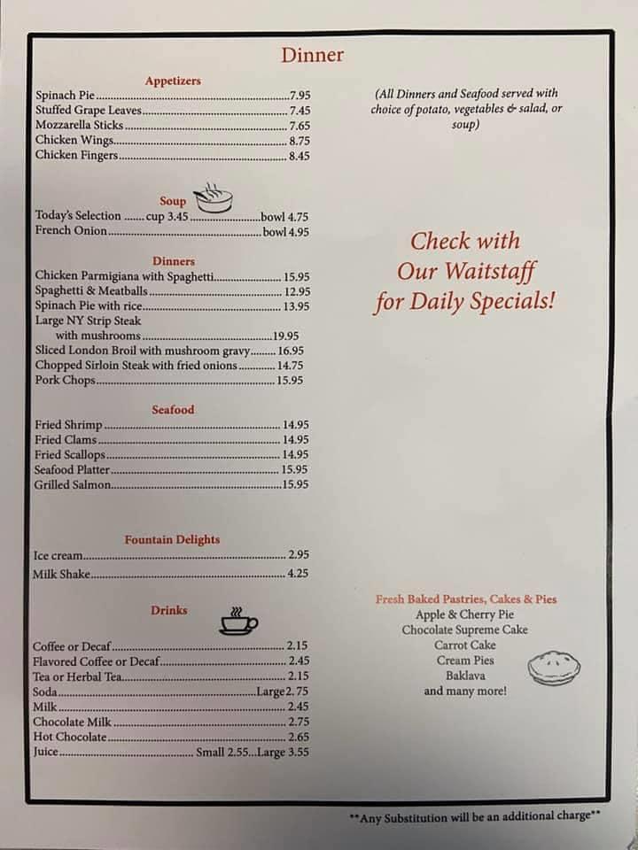 Menu at Plaza Diner restaurant, Oneonta