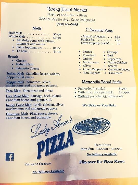 Carta de pizzería Lady Ann's Pizza, Kelso