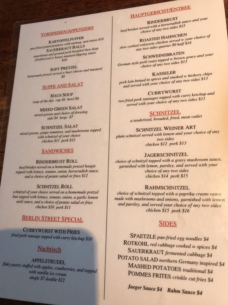 Menu at West Berlin restaurant, Anchorage
