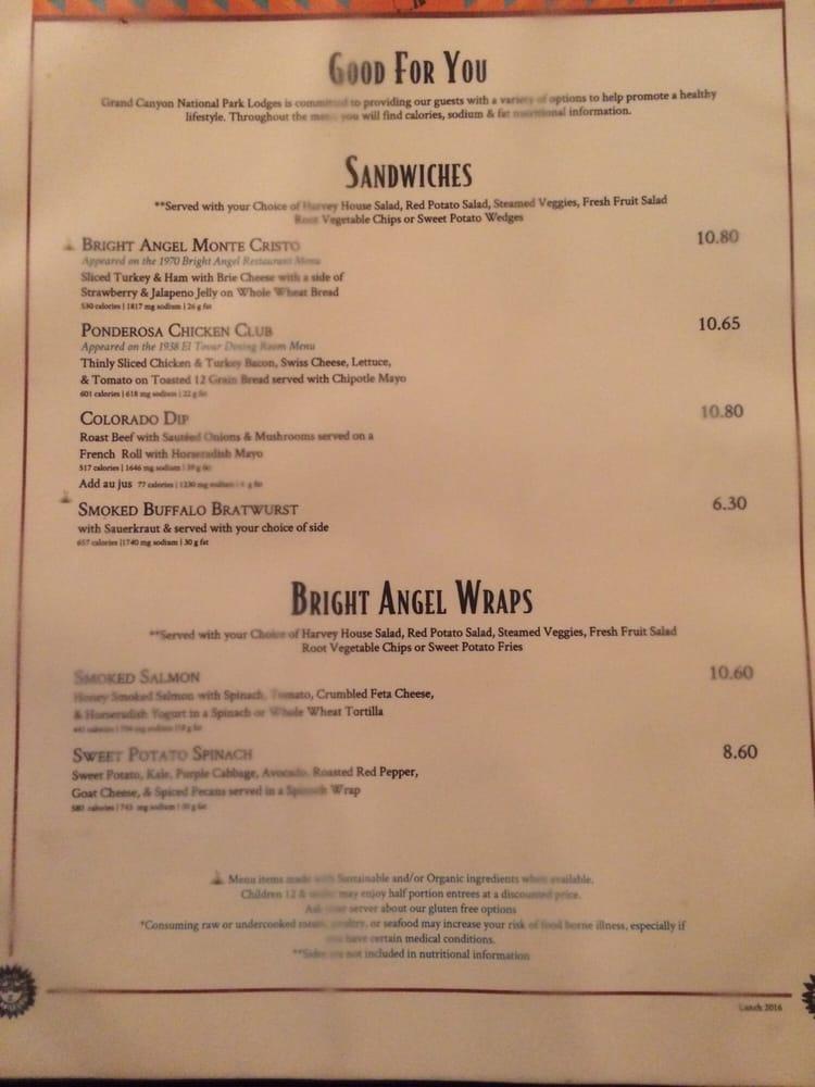 Menu at Bright Angel Restaurant, Grand Canyon Village