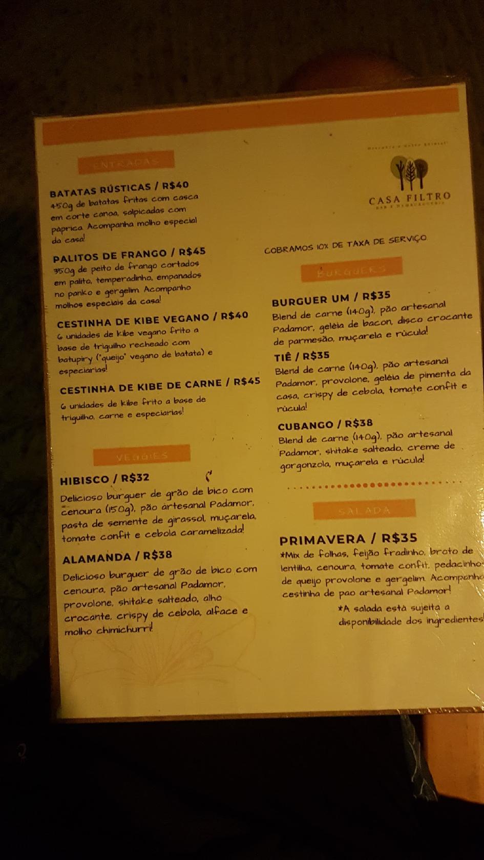 Menu at Casa Filtro restaurant, Brazil