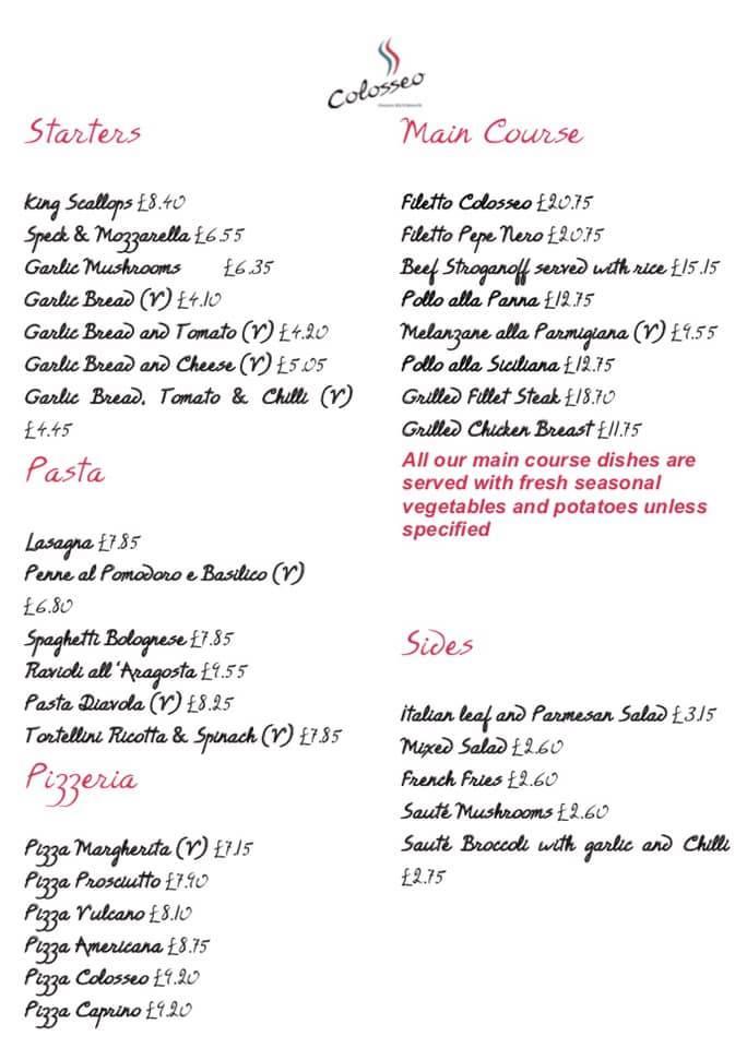 Menu at Colosseo restaurant, Scunthorpe