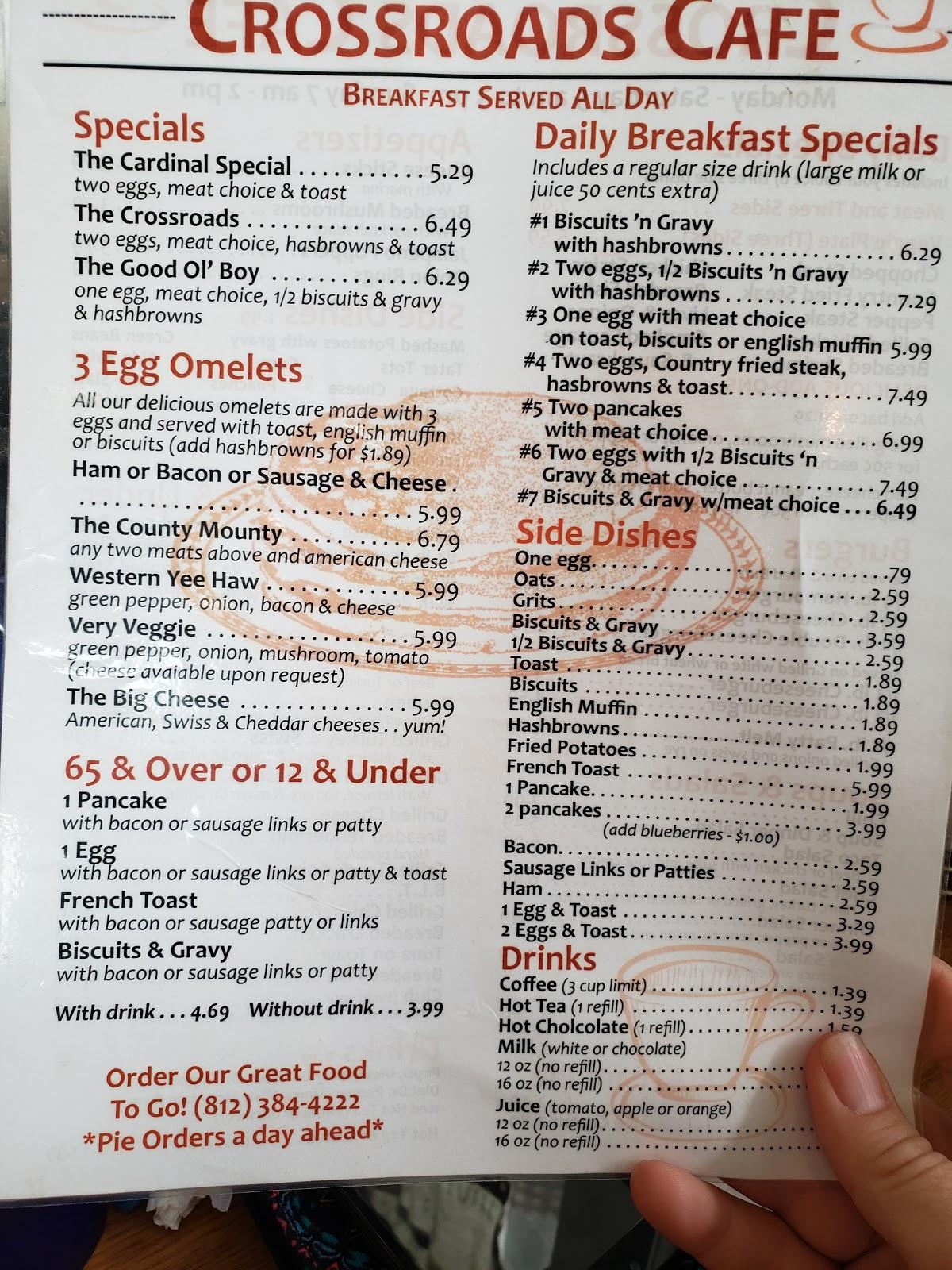 Menu at Cross Roads cafe, Bloomfield
