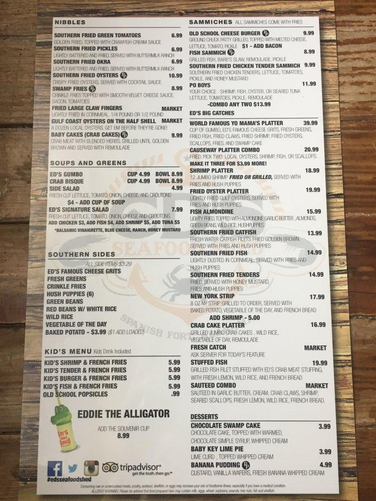 Menu at ED'S Seafood Shed restaurant, Spanish Fort, Battleship Pkwy