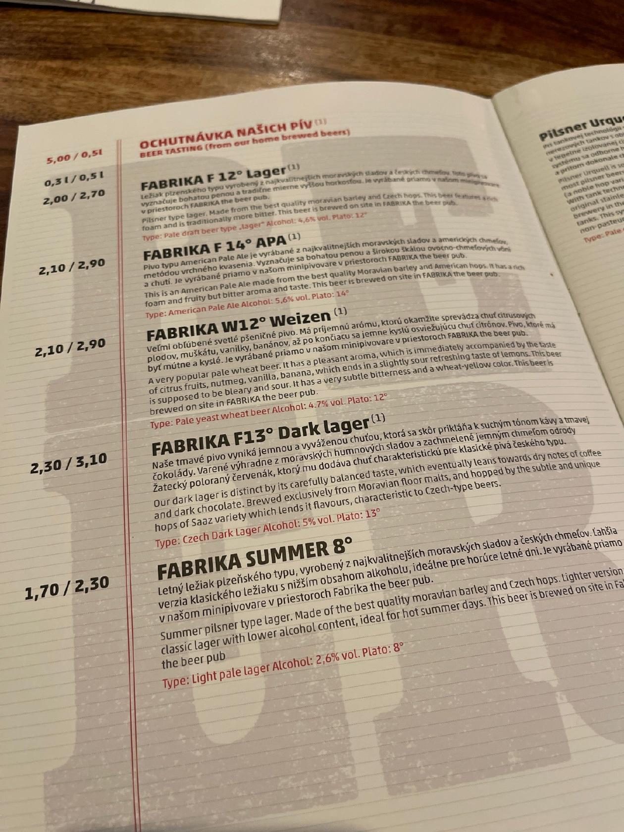 Menu at FABRIKA pub & bar, Bratislava