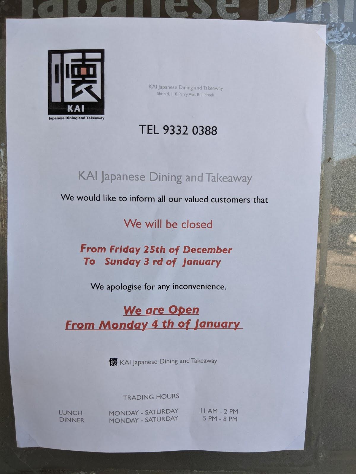 Menu at Kai Japanese restaurant, Bull Creek
