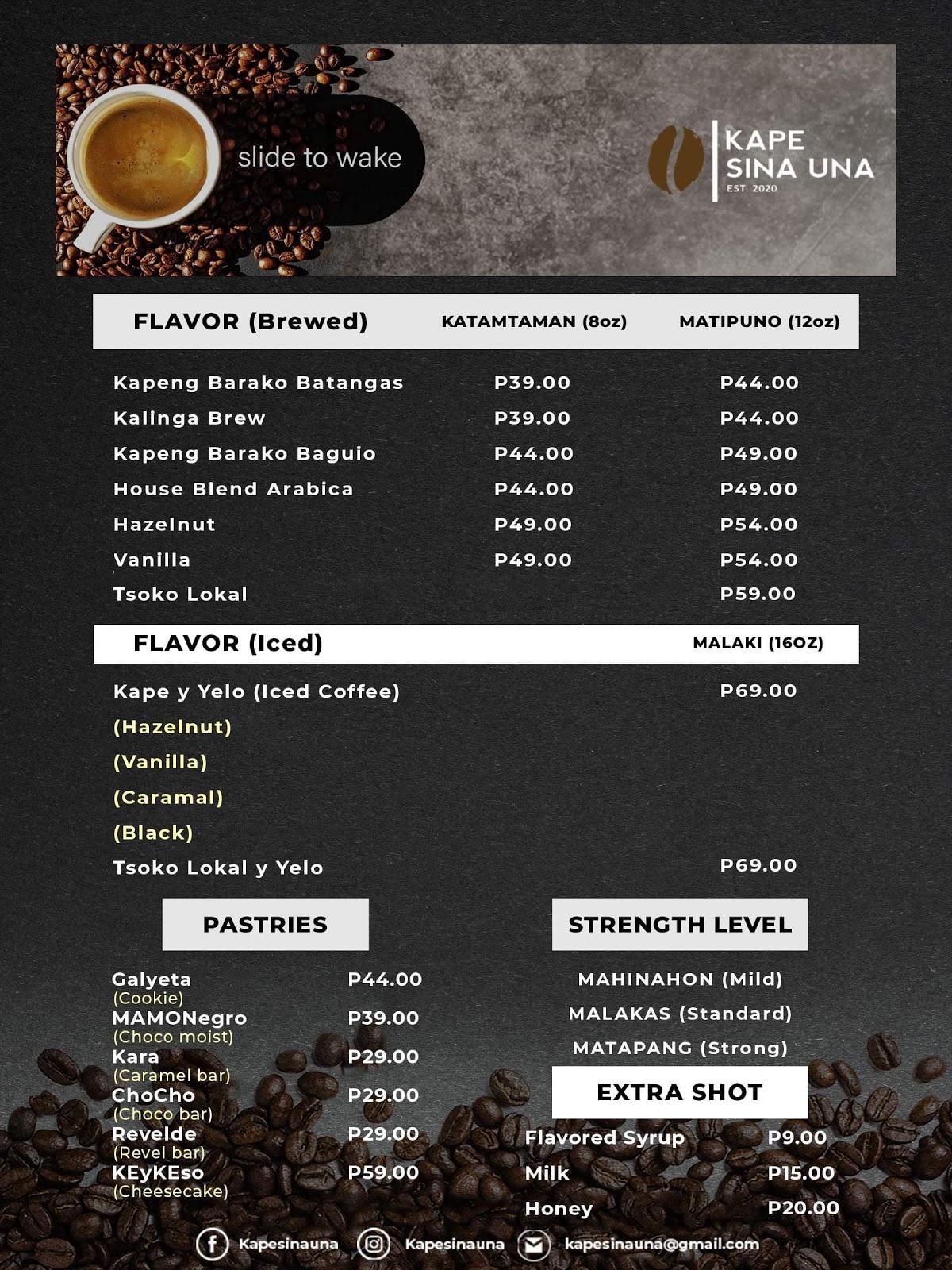 Menu at Kape Sina Una Marikina - L. Victorino, Marikina